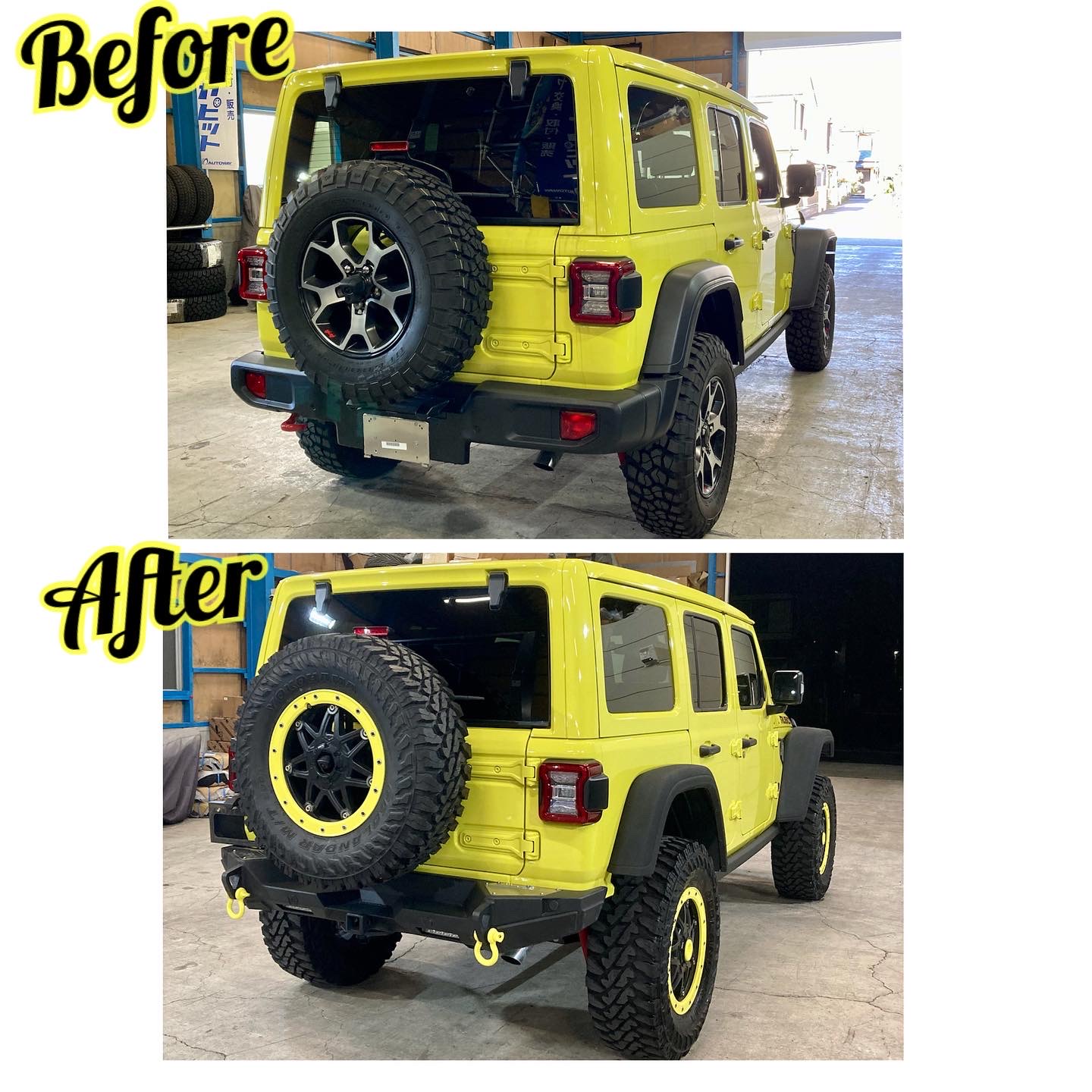 「ジープ ラングラーアンリミテッドルビコン」 前後バンパー交換／前後ハイフェンダー取付／タイヤ交換／牽引フック＆ホイール塗装 | MarShall